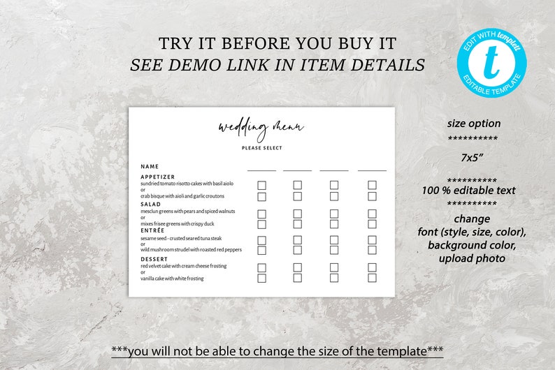 Wedding Menu Selection Card Menu Choice Card Wedding Menu - Etsy