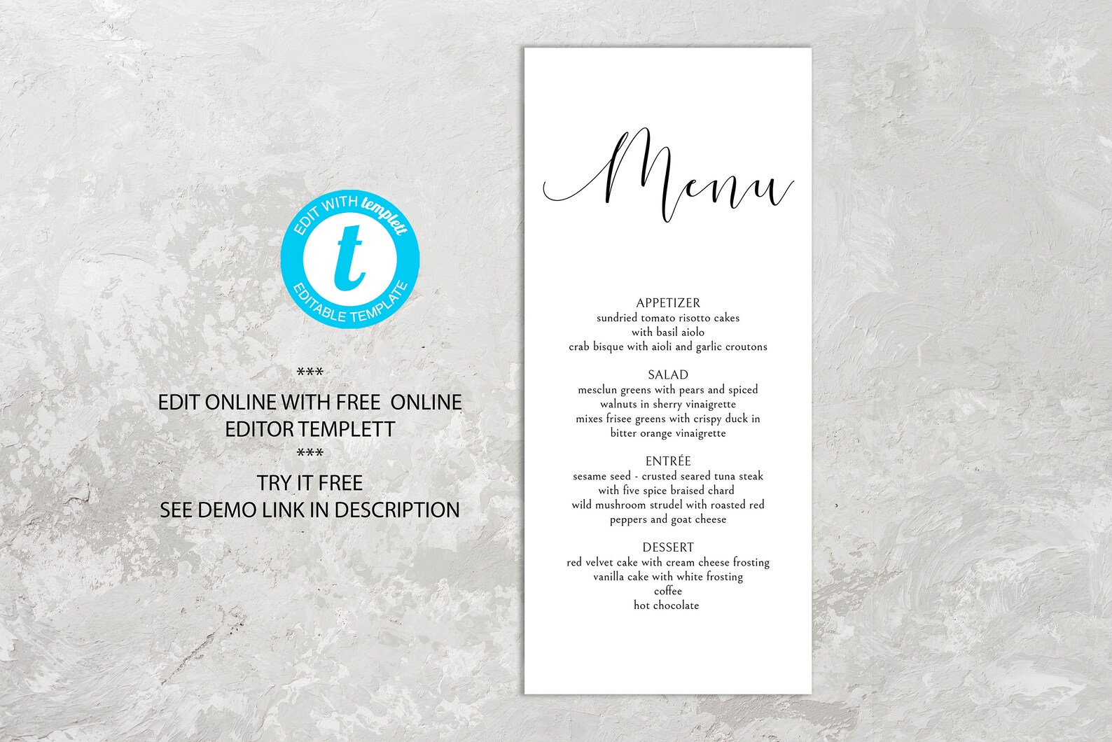 Menu Card Template for Wedding Minimalist Menu Card Menu | Etsy