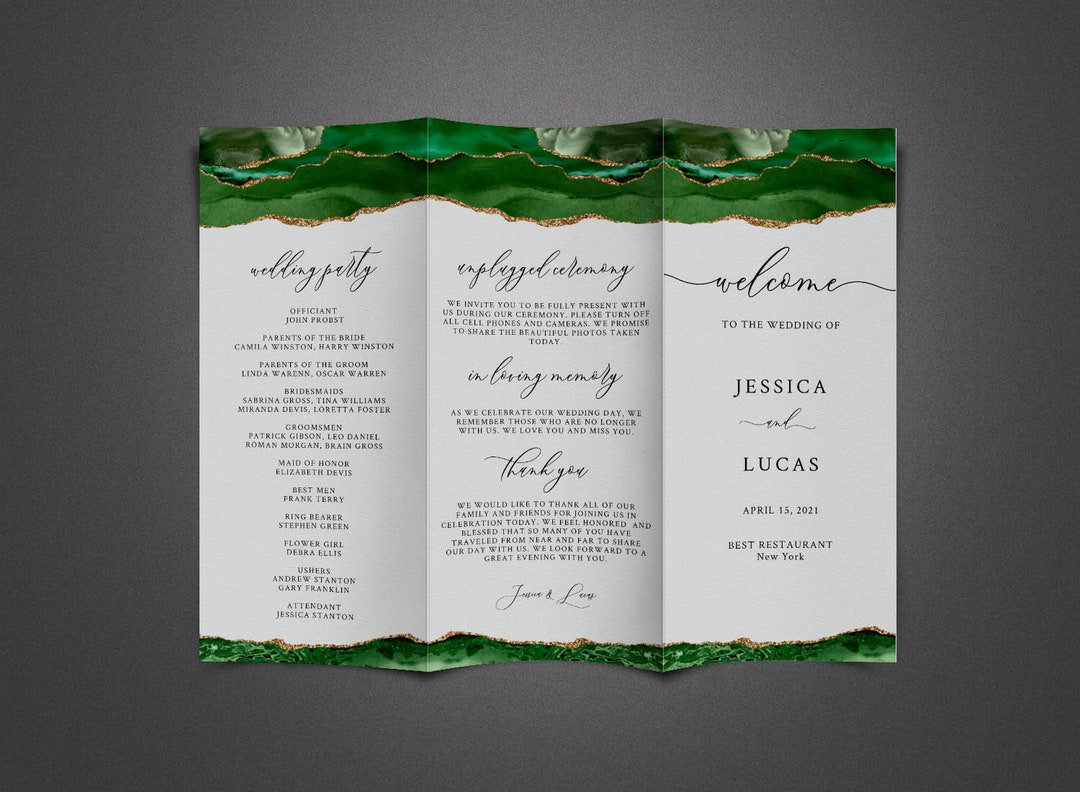 Greenery Trifold Wedding Program Template, Green and Gold Program ...