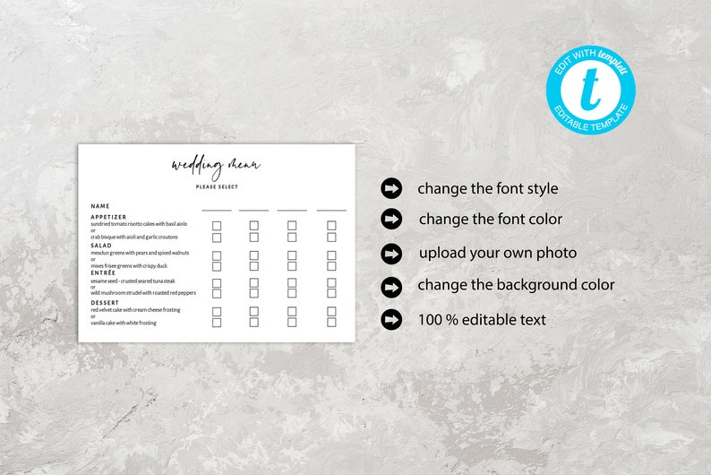 Wedding Menu Selection Card Menu Choice Card Wedding Menu | Etsy