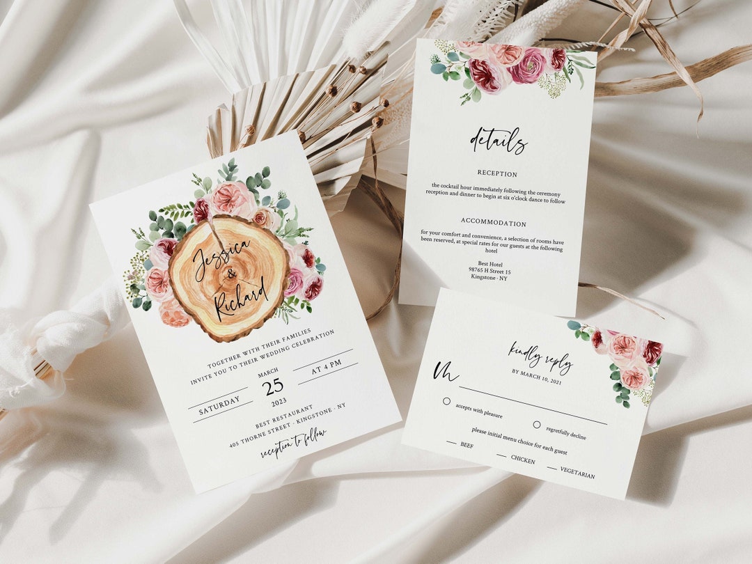 Wedding Invitation Rustic Template, Wood Slice Wedding Invitation Suite ...