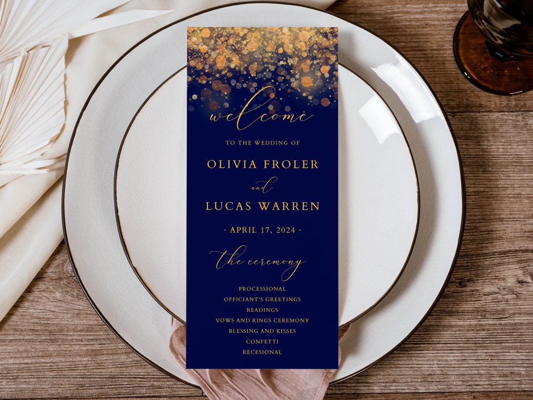 Wedding Program Template Blue and Gold, Ceremony Program, Order of ...