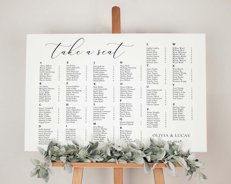 Editable Wedding Seating Chart Template: Alphabetical Guest Arrangement ...