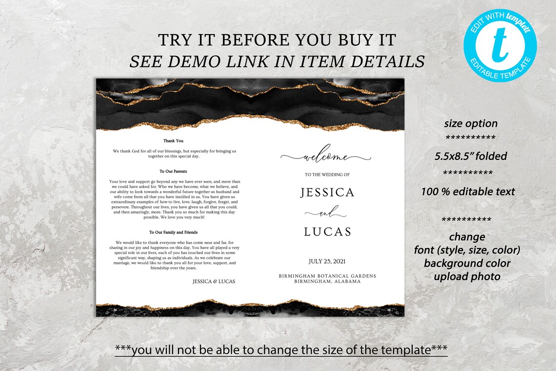 Black and Gold Folded Wedding Program Template Booklet | Etsy