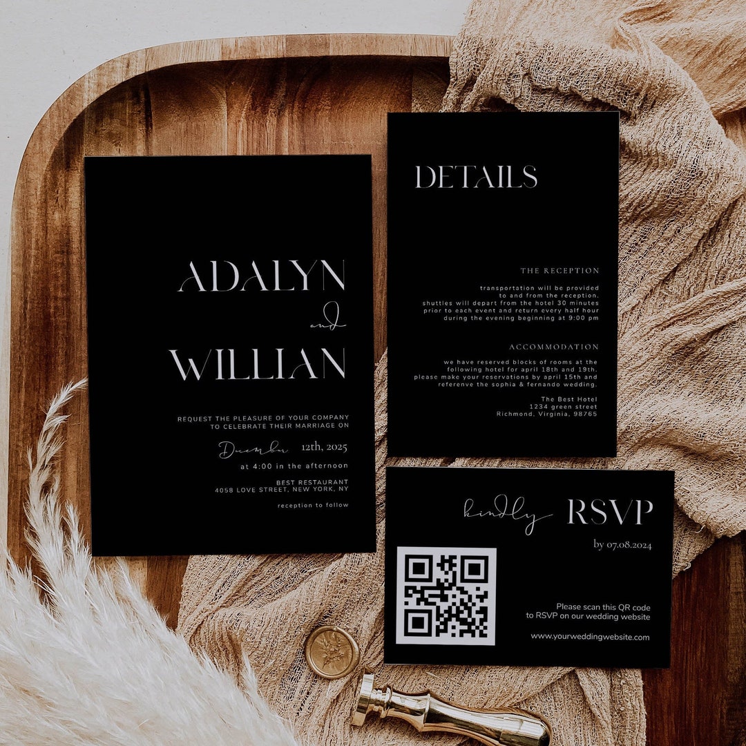 Black Wedding Invitation With QR Code, Wedding Invitation Black and ...