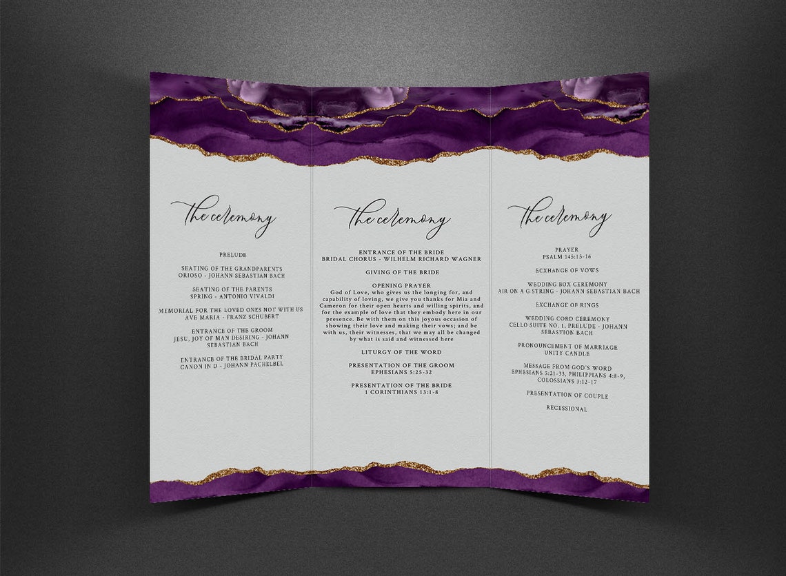 Purple and Gold Trifold Wedding Program Ceremony Program | Etsy