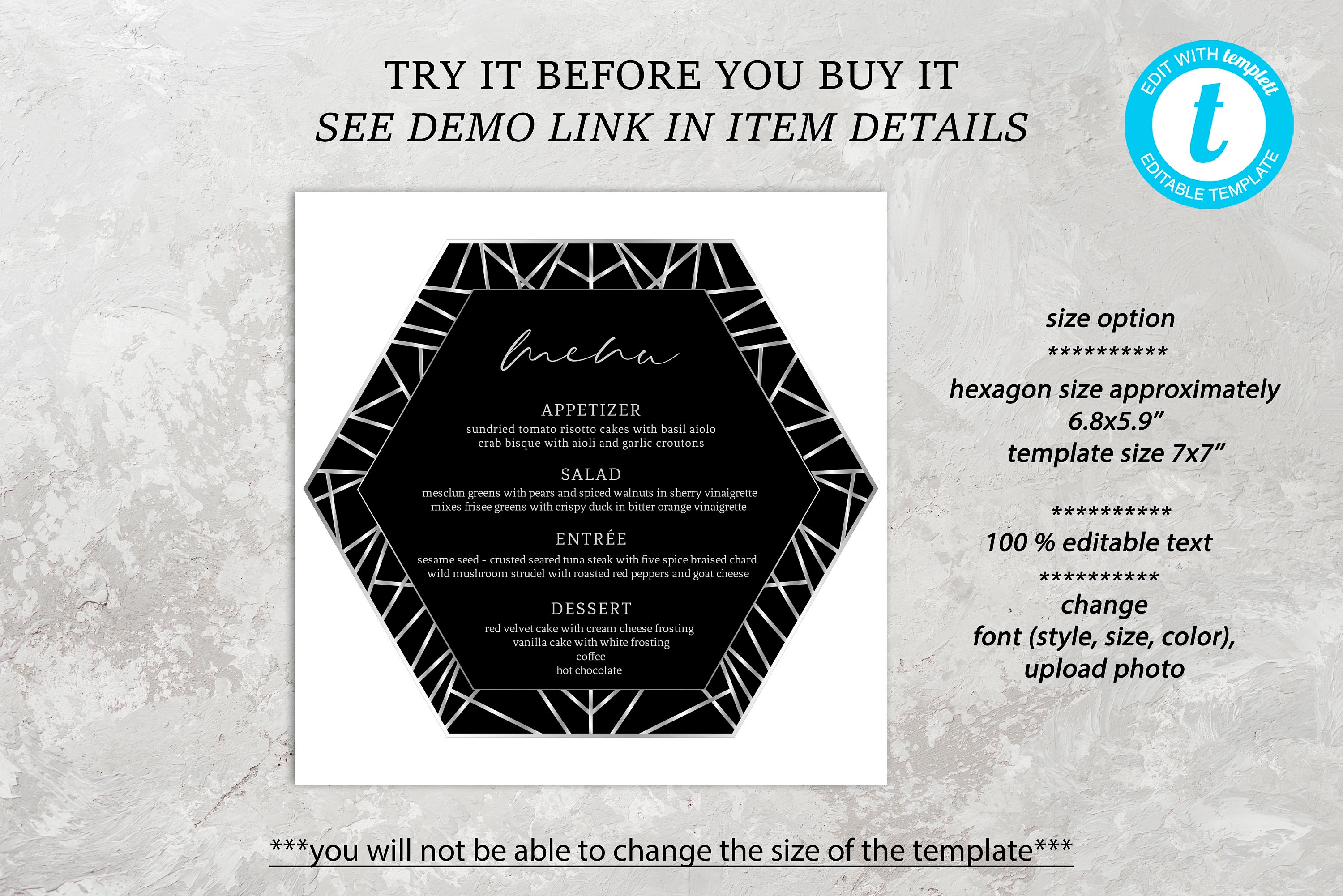 Hexagon Wedding Menu Template Menu Card Black and Silver | Etsy