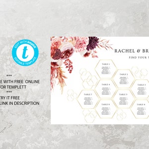 Hexagon Seating Chart Template, Wedding Seating Board With Boho Bouquet ...