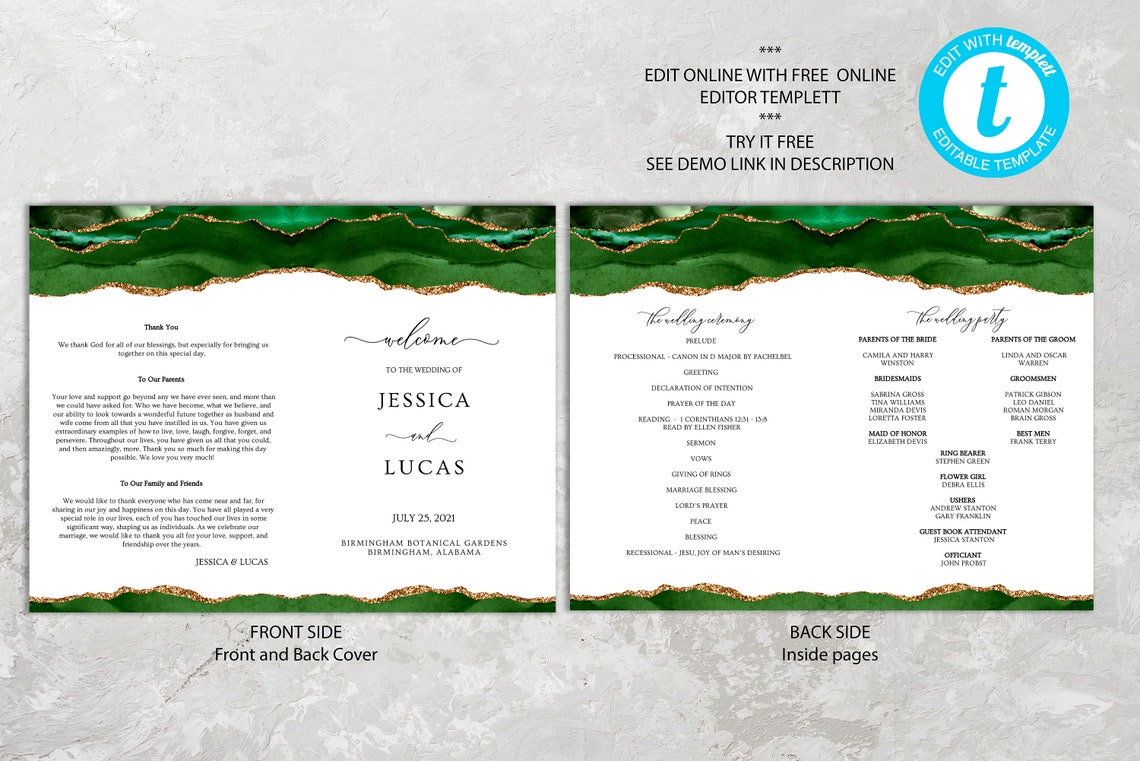 Green and Gold Folded Wedding Program Template Greenery - Etsy