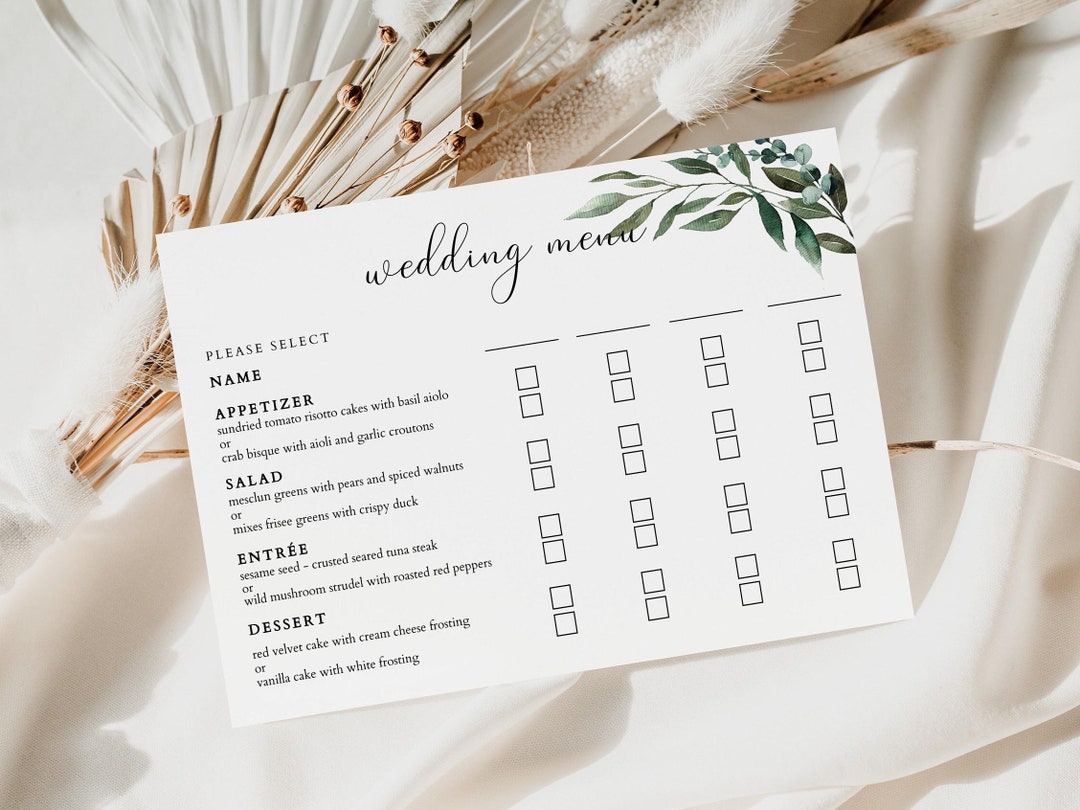Wedding Menu Selection Card, Menu Choice Card, Wedding Menu Card ...