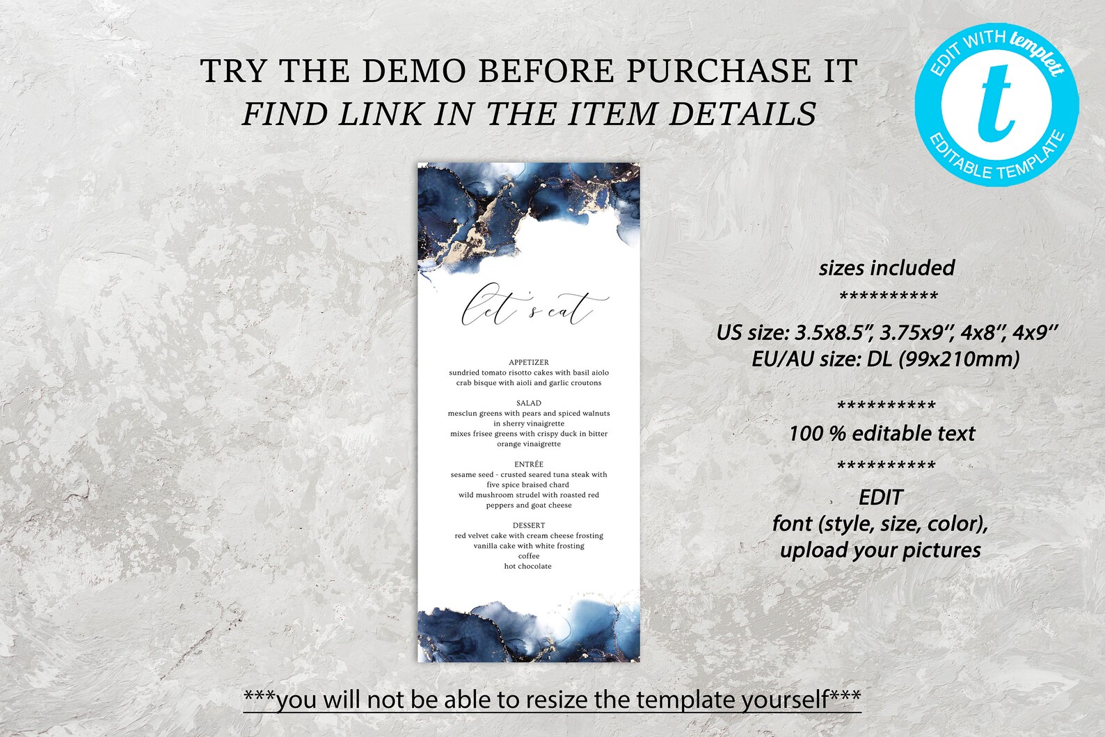 RHEA Wedding Menu Template Download Menu for Wedding Blue - Etsy