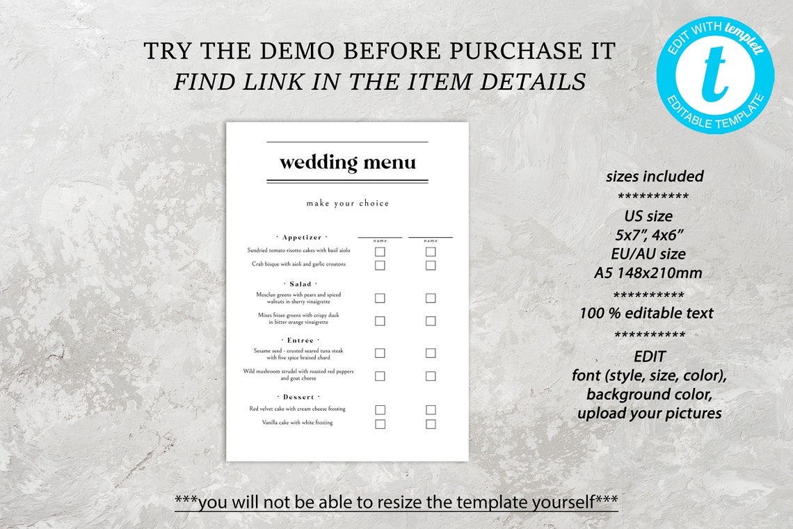 Wedding Menu Selection Card Printable, Editable Digital Download - Etsy