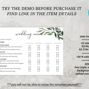 Wedding Menu Selection Card, Menu Choice Card, Wedding Menu Card ...