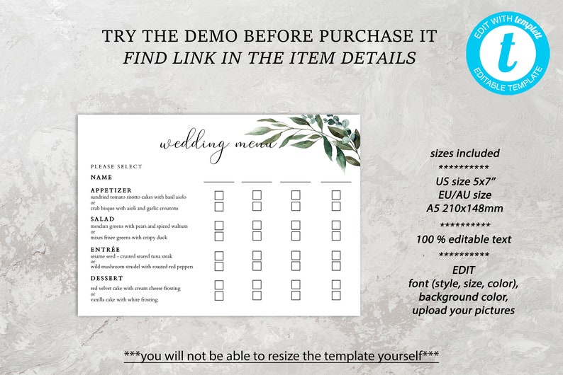 Wedding Menu Selection Card Menu Choice Card Wedding Menu - Etsy