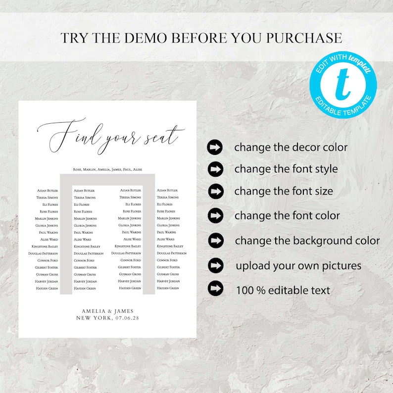 Horseshoe Wedding Seating Chart Template: U-shaped Table Plan Editable ...