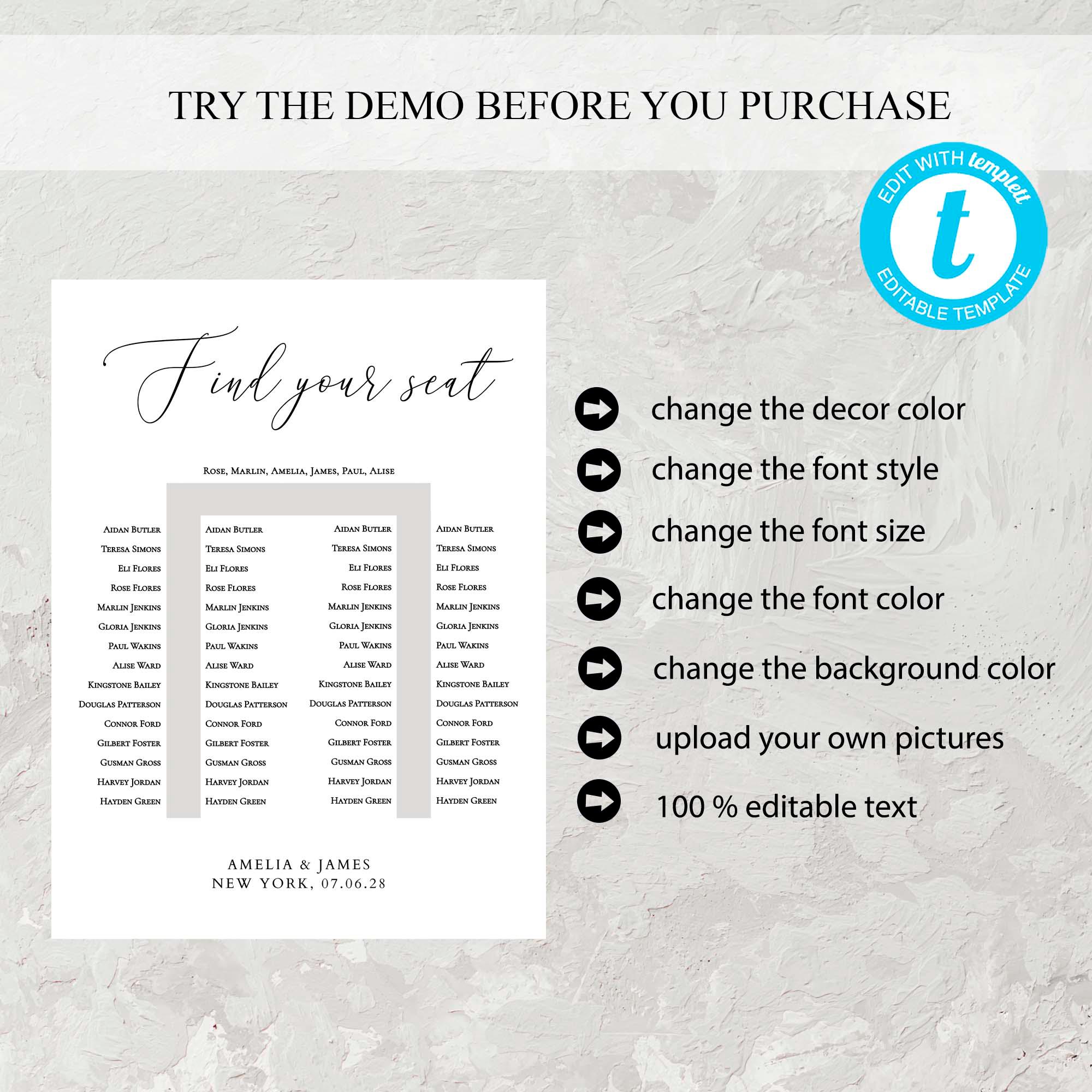 Horseshoe Wedding Seating Chart Template: U-shaped Table Plan Editable ...