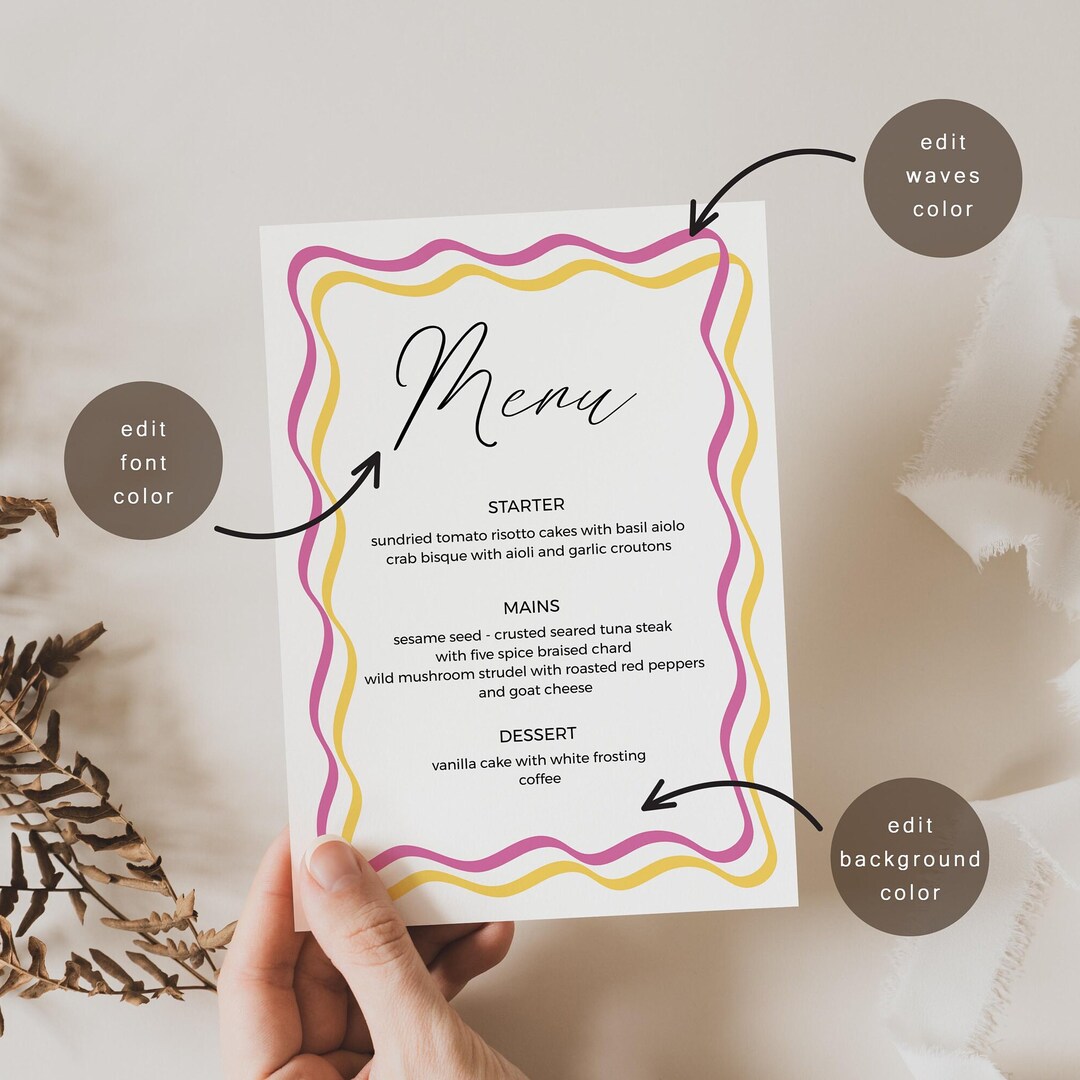 Wavy Menu Template, Wave Menu Card, Wedding Menu Any Colors, Wedding ...