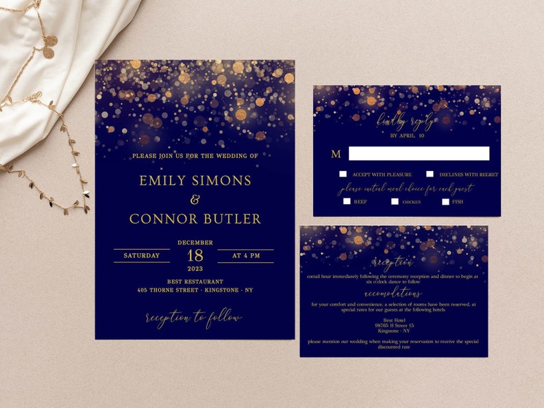 Wedding Invitation Blue and Gold Wedding Invitation Set - Etsy