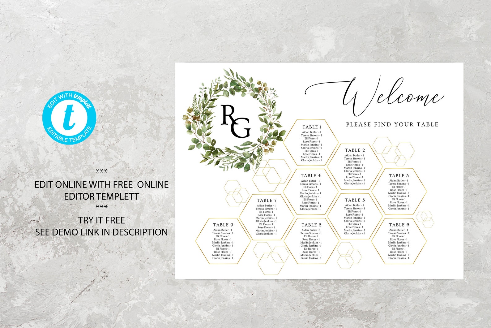 Wedding Seating Chart Hexagon Template, Geometric Seating Chart, Small ...