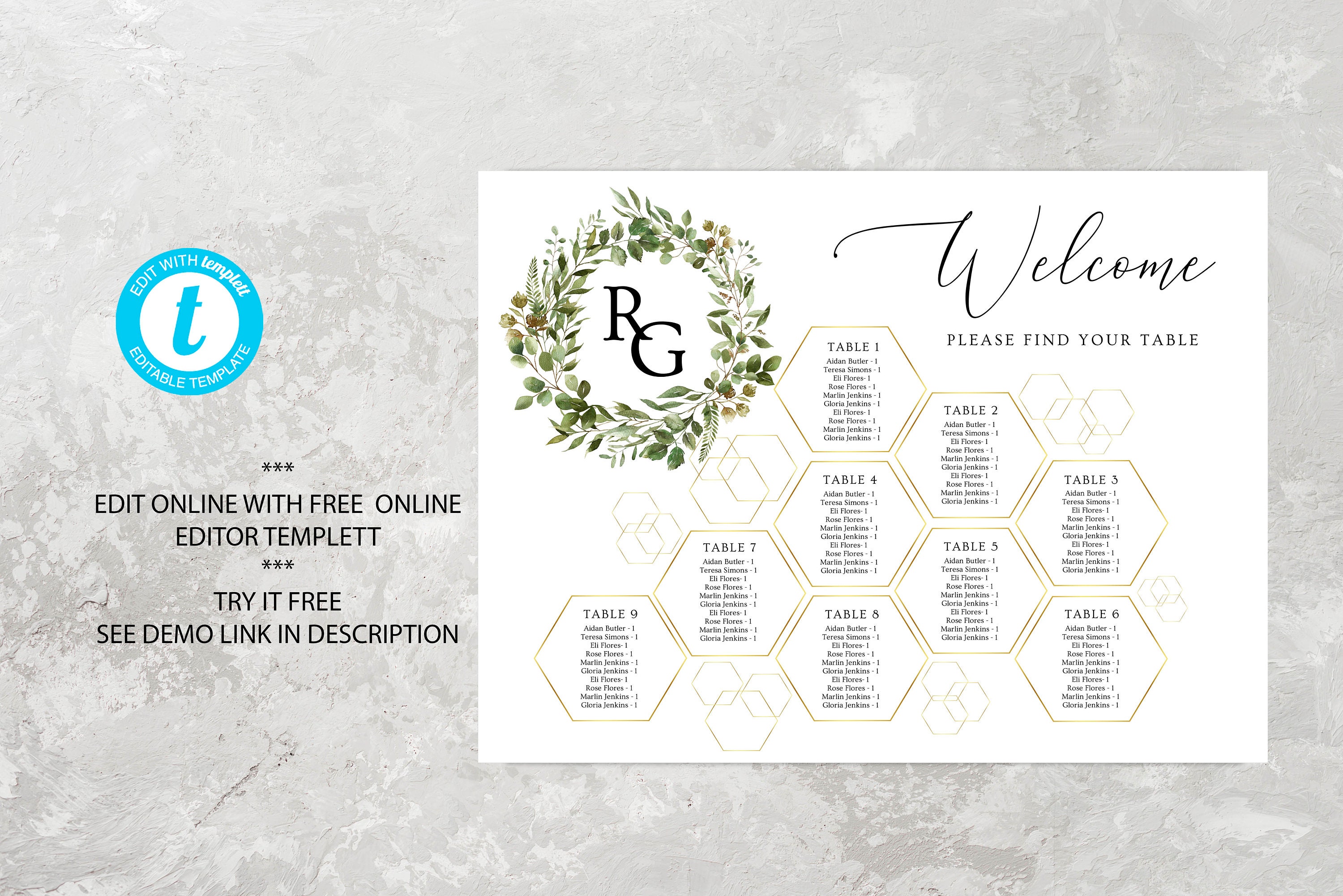 Wedding Seating Chart Hexagon Template, Geometric Seating Chart, Small ...