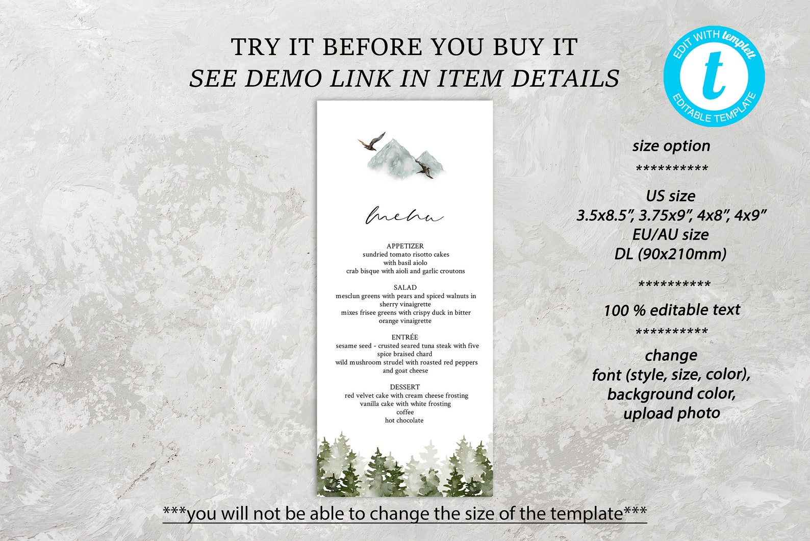 Wedding Menu Rustic Template Wedding Menu Forest Wedding | Etsy