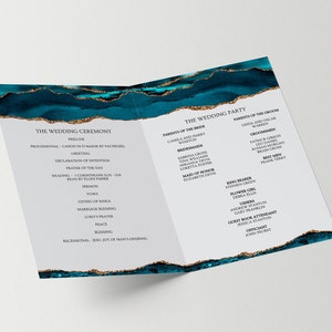 Wedding Program Booklet Template, Bifold Wedding Program, Ceremony Program, Turquoise and Gold ...