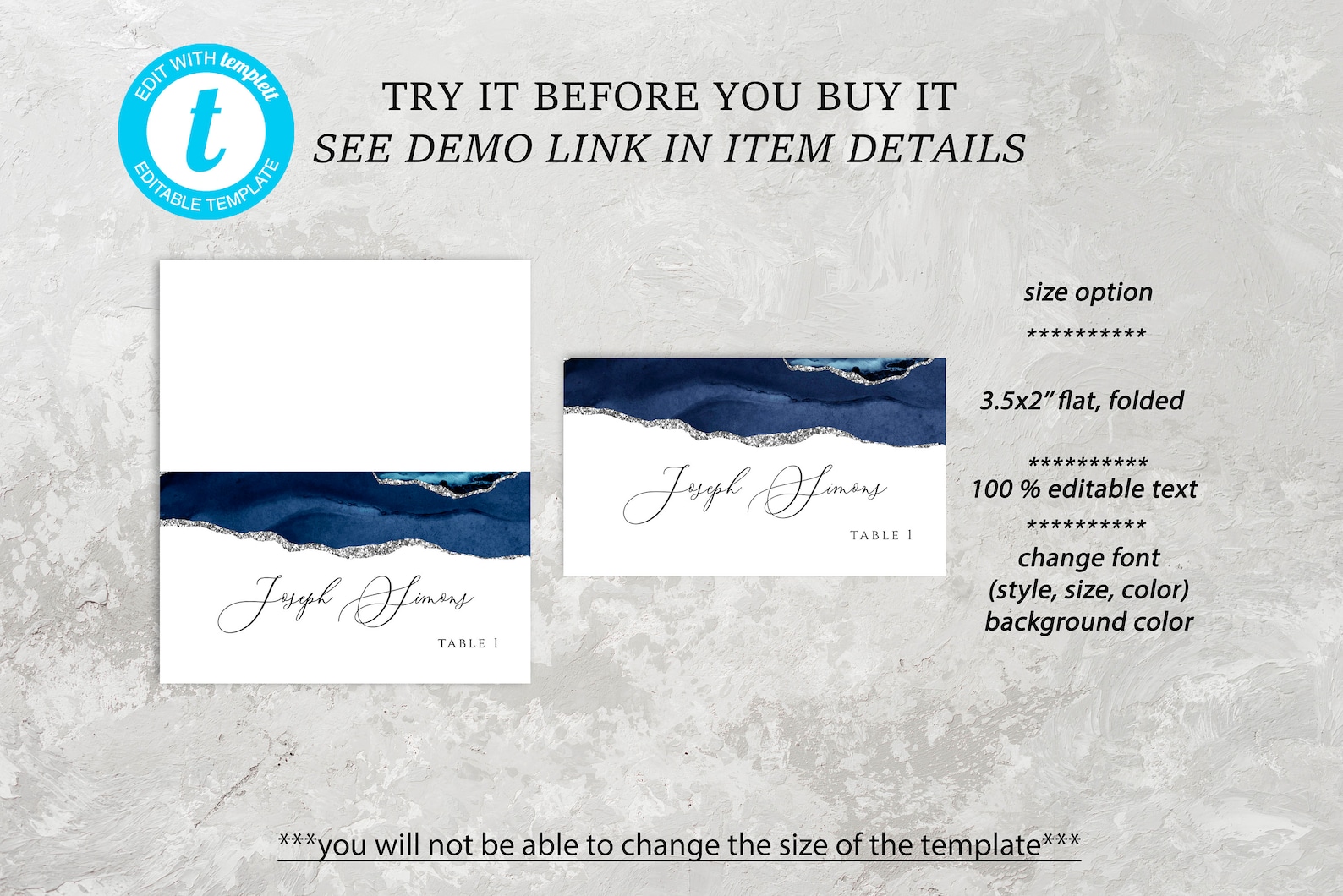 Wedding Place Card Template Wedding Name Card Blue and Silver Wedding ...