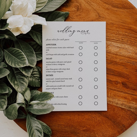 Wedding Menu Selection Card Menu Option Card Wedding Menu | Etsy