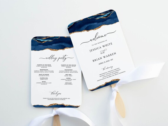 Blue and Gold Fan Programs for Wedding Fan Program Template | Etsy