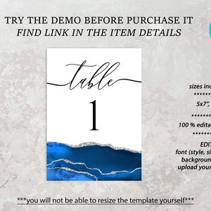 Table Number Card Printable, Table Number Royal Blue and Silver ...