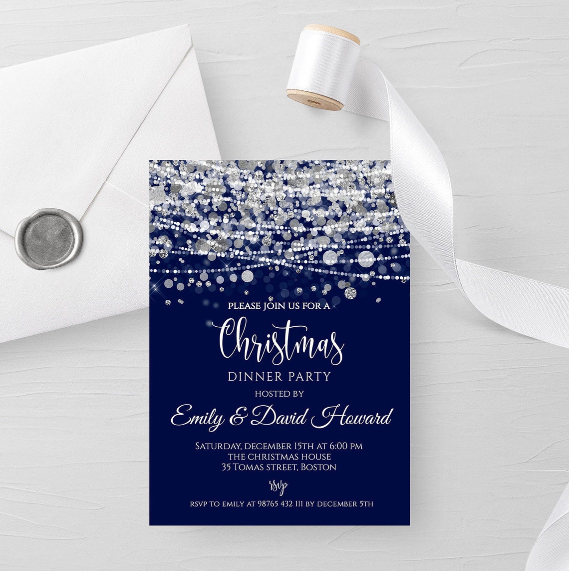 Silver Christmas Invitation Blue and Silver Party Invitation - Etsy