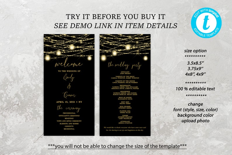 Black and Gold Wedding Program Template Ceremony Program - Etsy