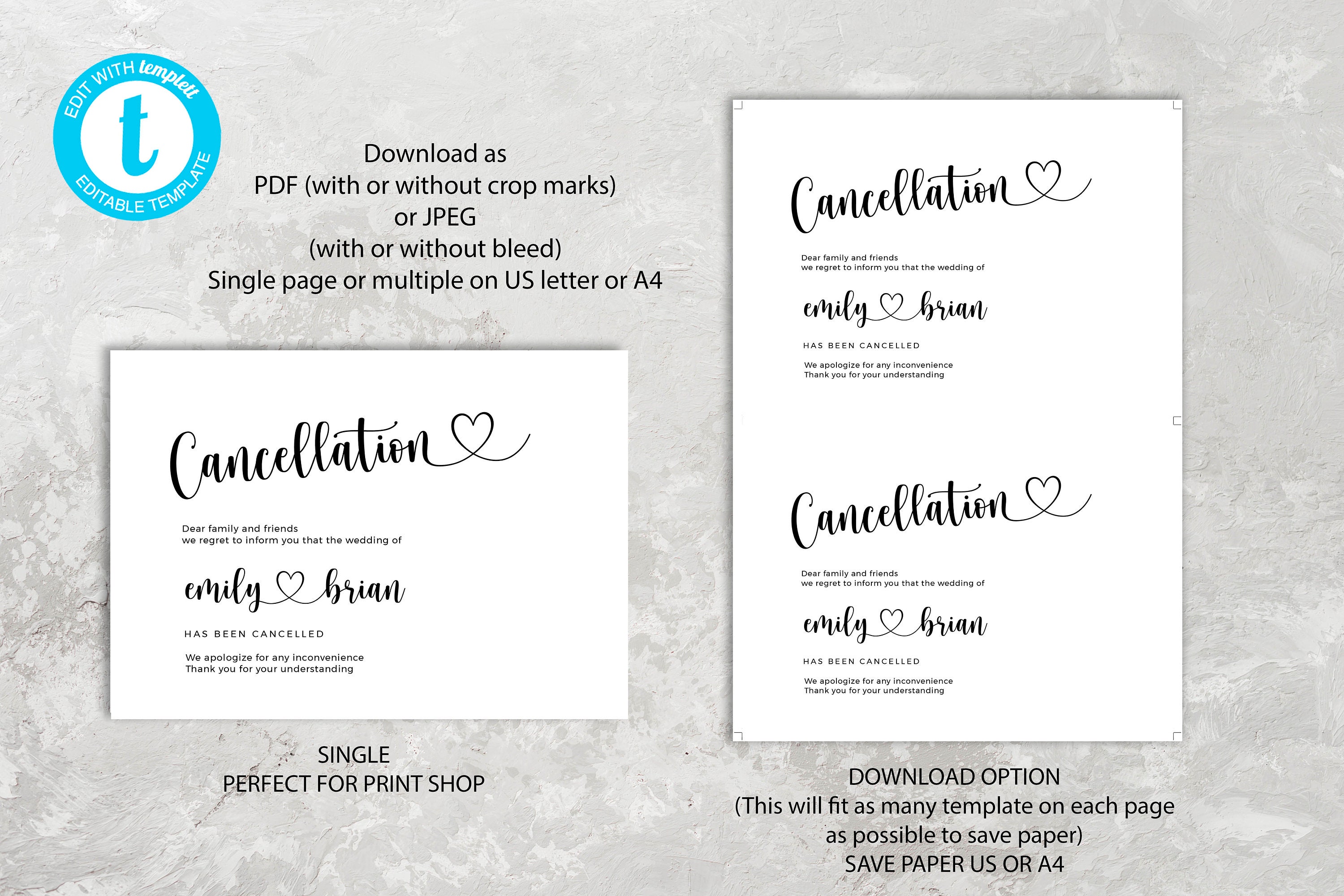 Wedding Cancellation Announcement Card Wedding Cancelled | Etsy