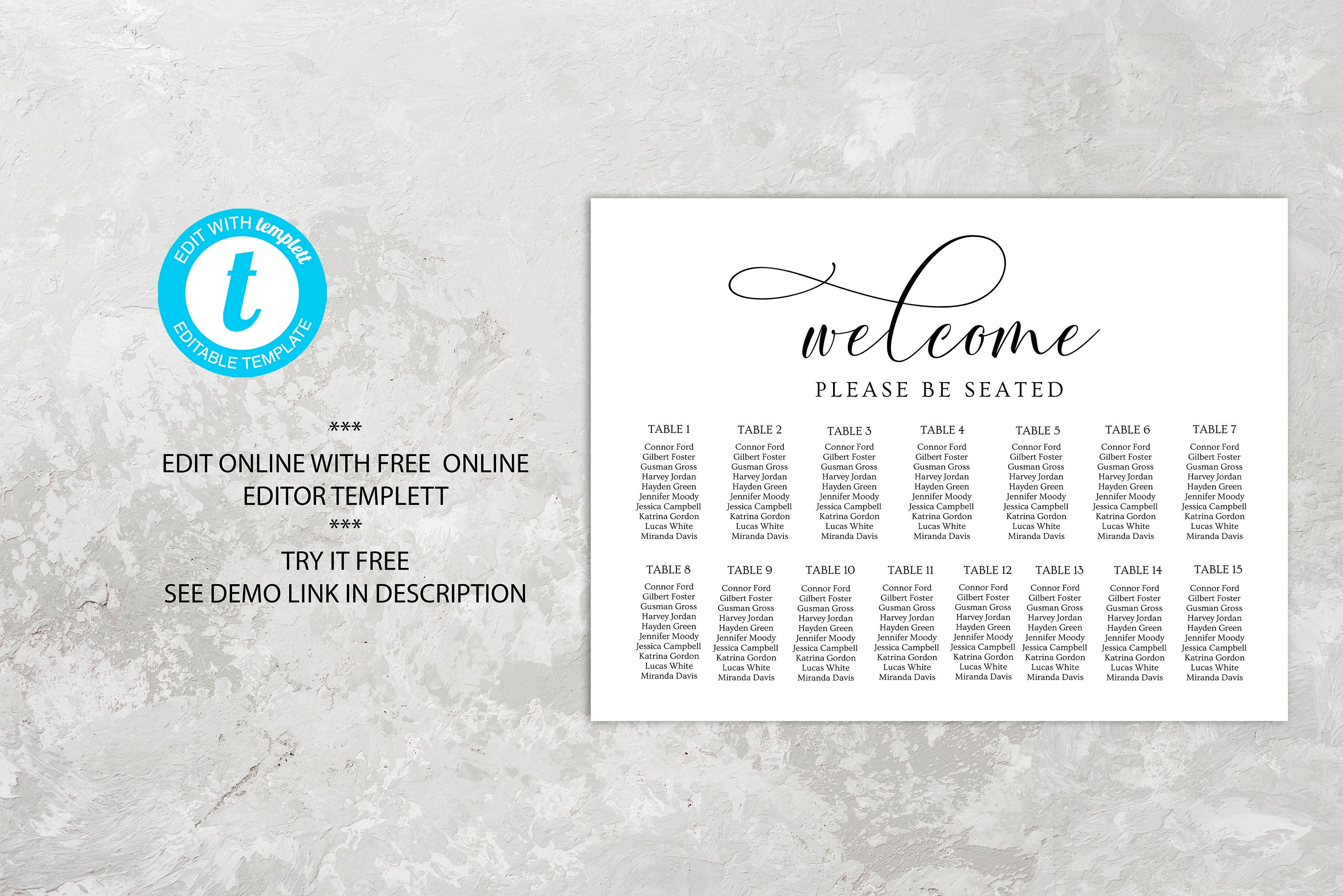 Wedding Seating Chart 15 Tables, Seating Chart Sign, Wedding Seating ...