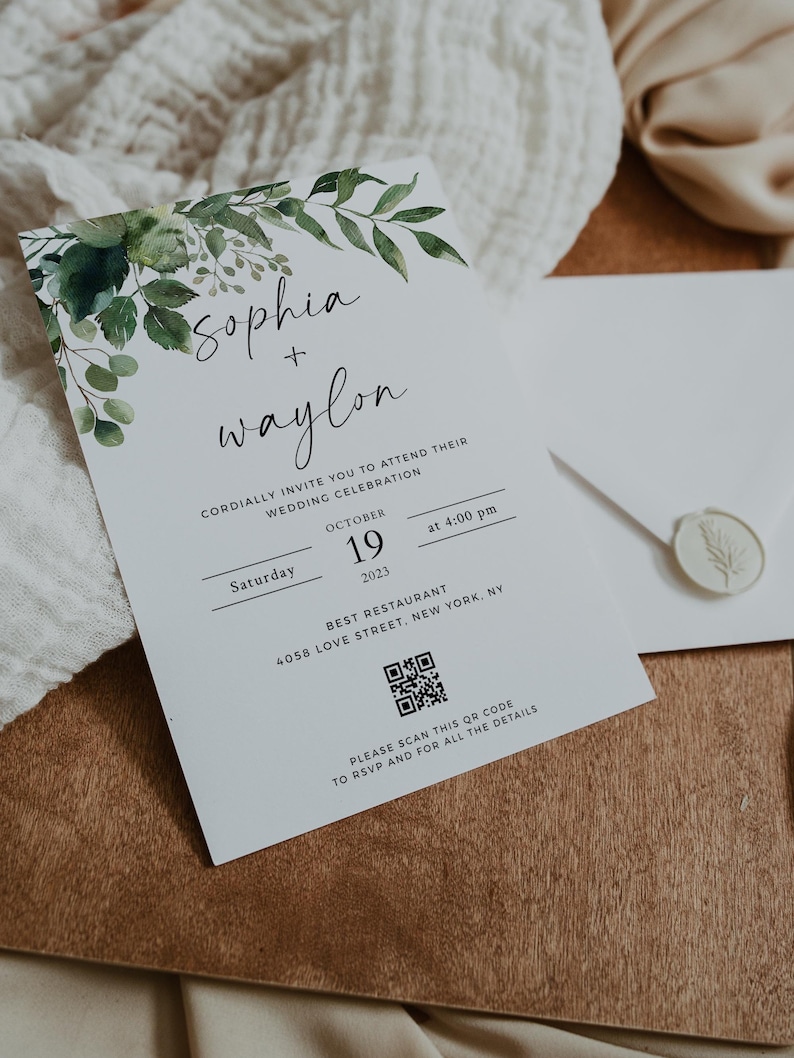 Wedding Invitation With QR Code Greenery Wedding Invitation - Etsy