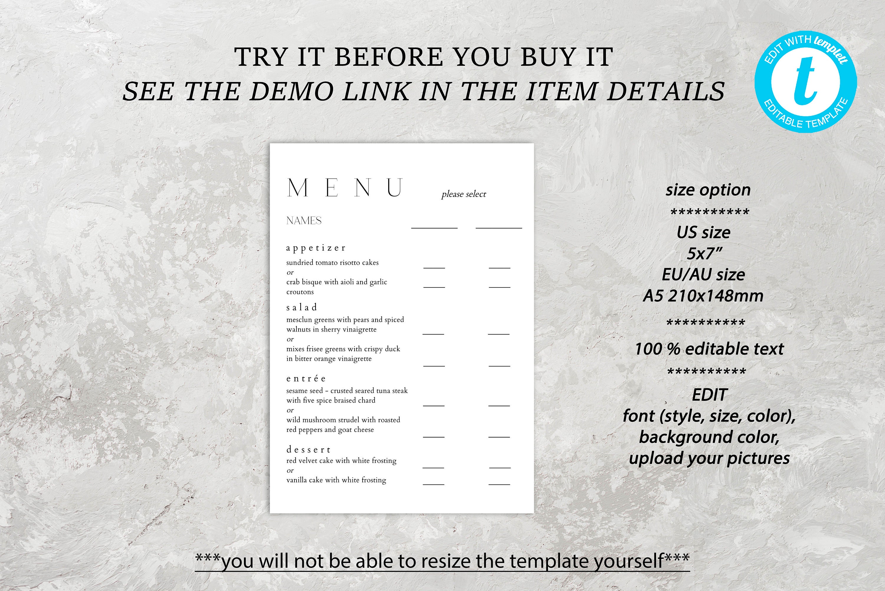 Wedding Menu Choice Card Menu Selection Card Wedding Menu - Etsy