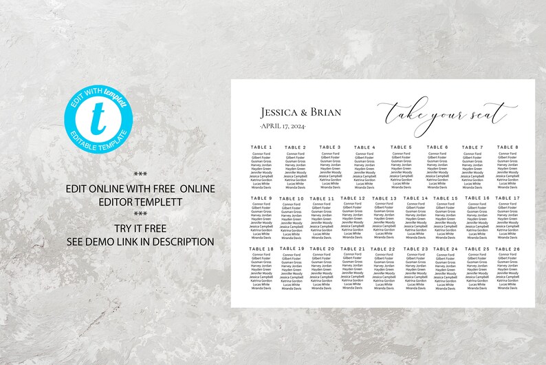 Wedding Seating Chart Sign, 26 Tables or Less, Editable Template ...
