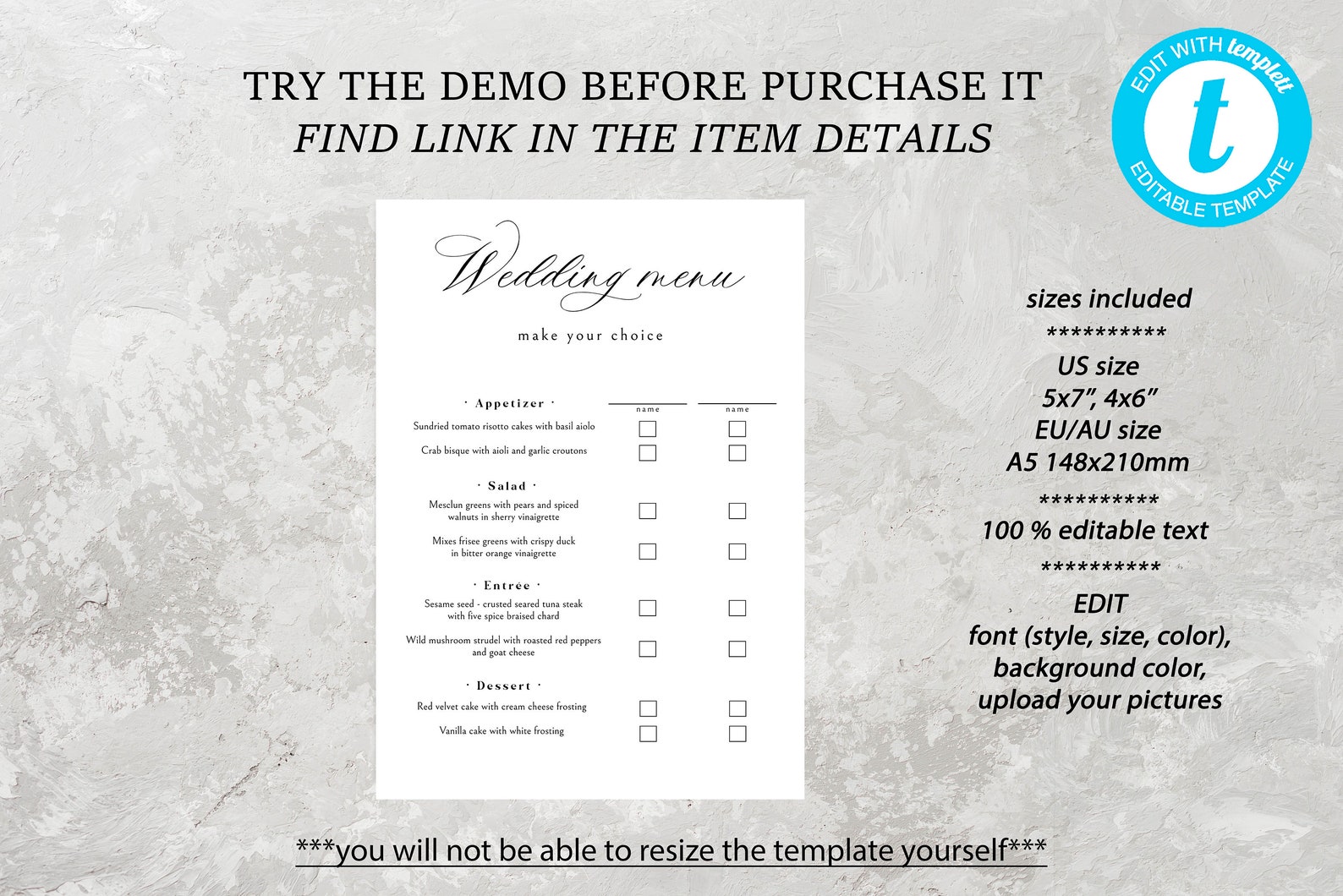 Wedding Menu Selection Card, Meal Choice Cards, Editable Template ...