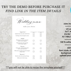 Wedding Menu Selection Card, Meal Choice Cards, Editable Template ...