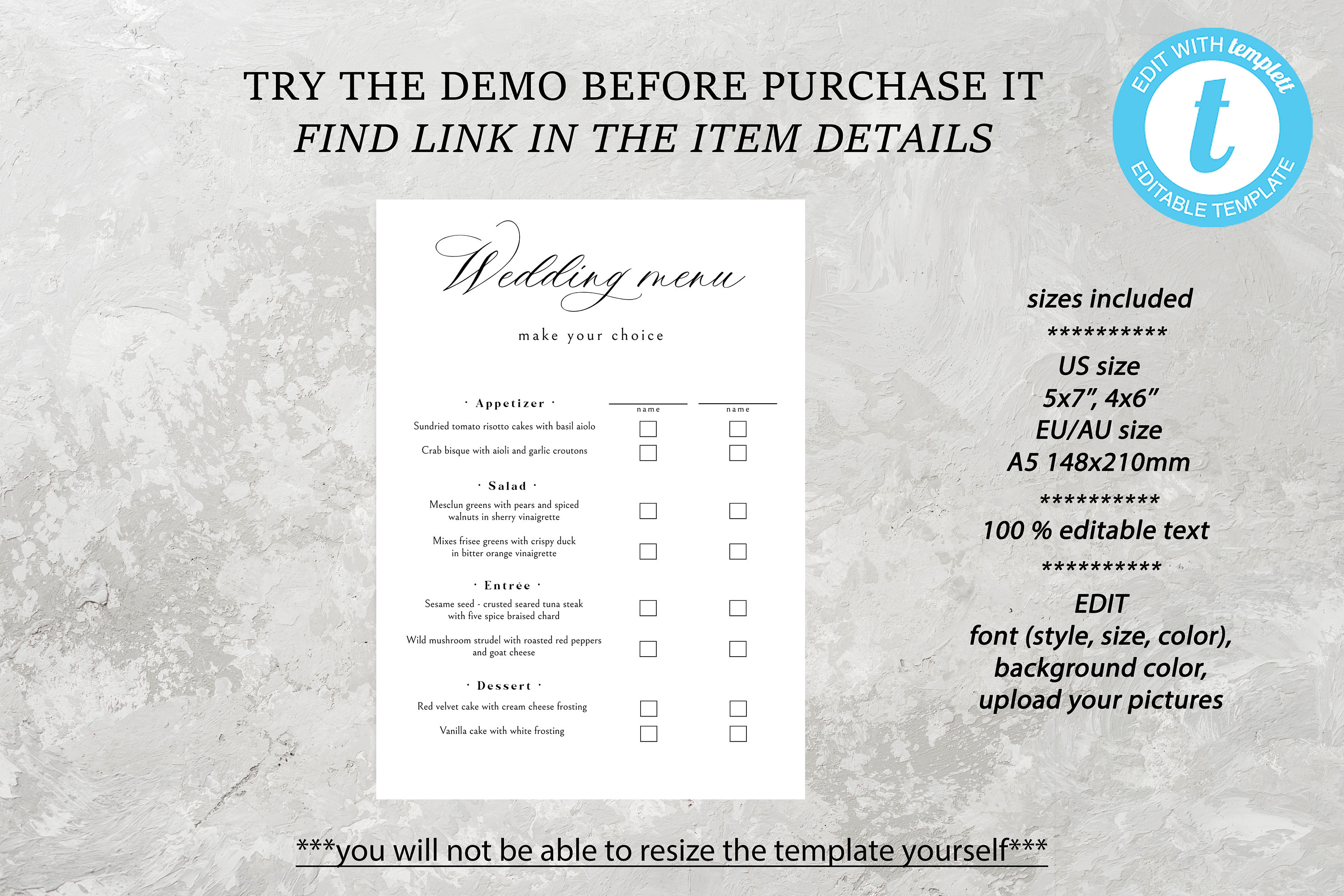 Wedding Menu Selection Card, Meal Choice Cards, Editable Template ...