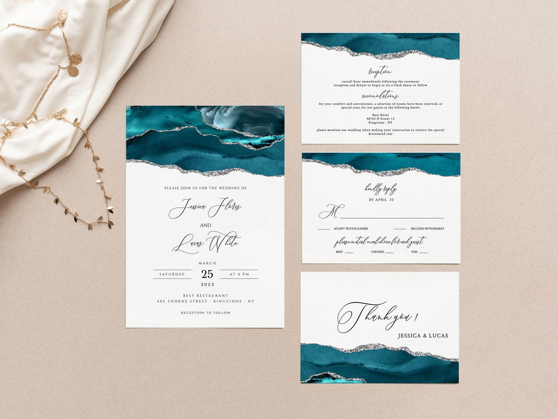 Teal and Silver Wedding Invitation Kits Wedding Invitation | Etsy