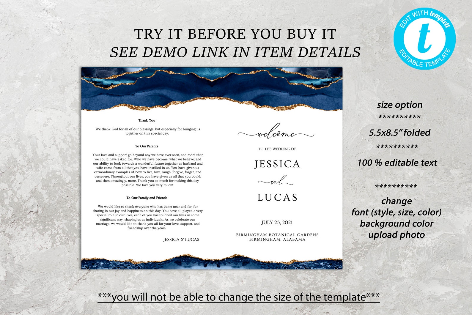 Folded Wedding Program Template Blue and Gold Wedding - Etsy