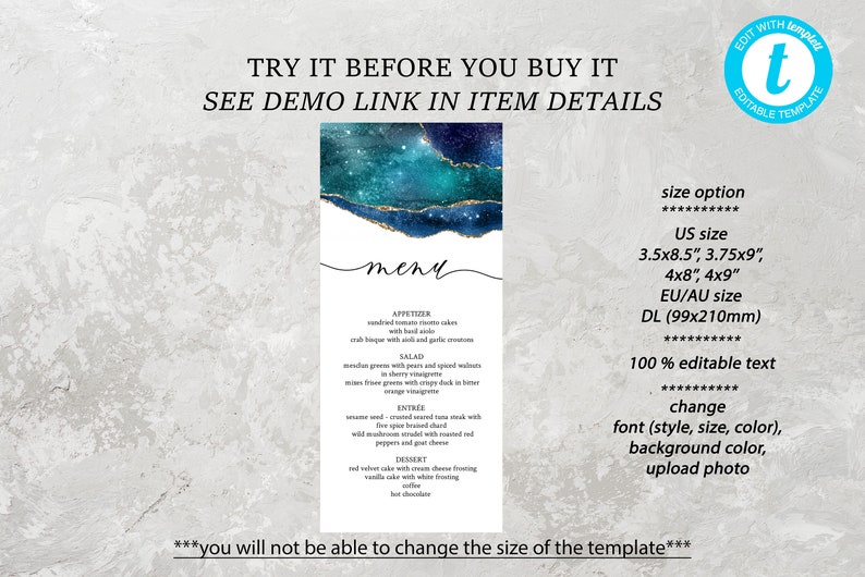 Menu Card Template Birthday Menu Galaxy Menu Template for - Etsy