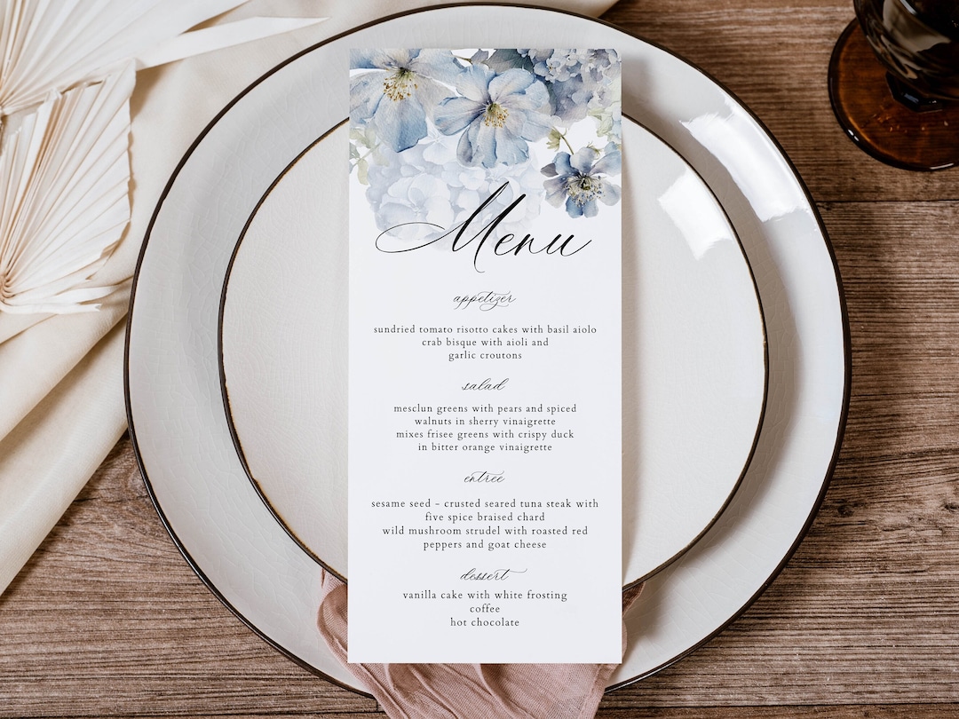 AJ - Dusty Blue Wedding Menu Template, Blue Floral Menu Template ...