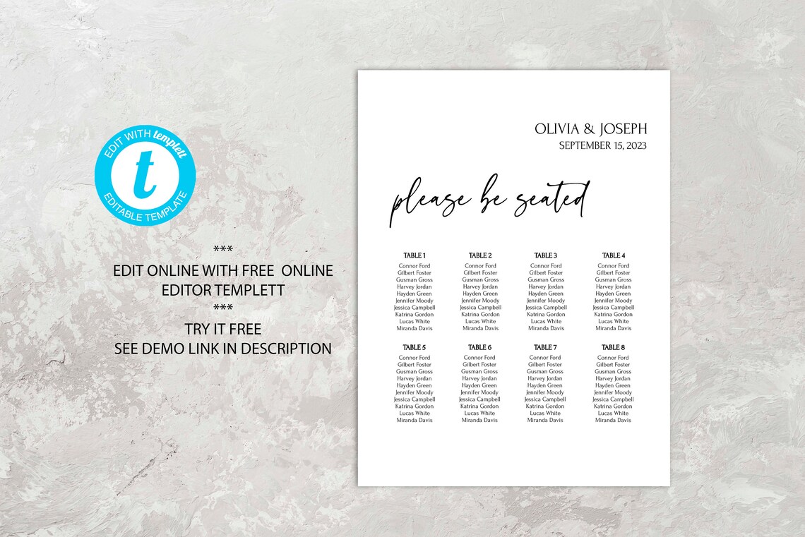 Wedding Seating Chart 8 Tables Seating Chart Template | Etsy