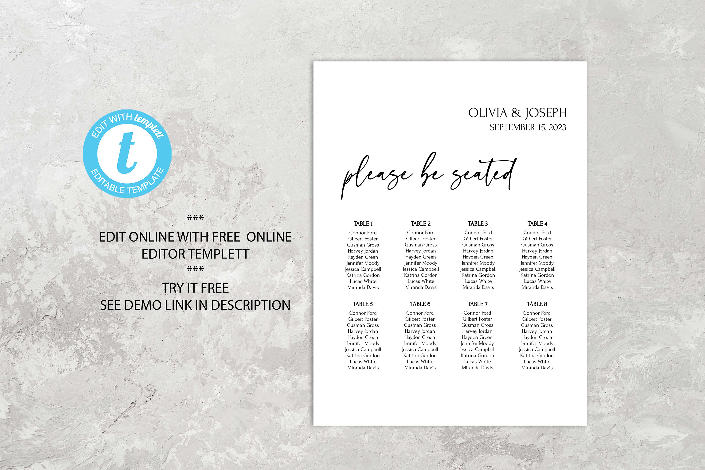 Wedding Seating Chart 8 Tables Seating Chart Template - Etsy