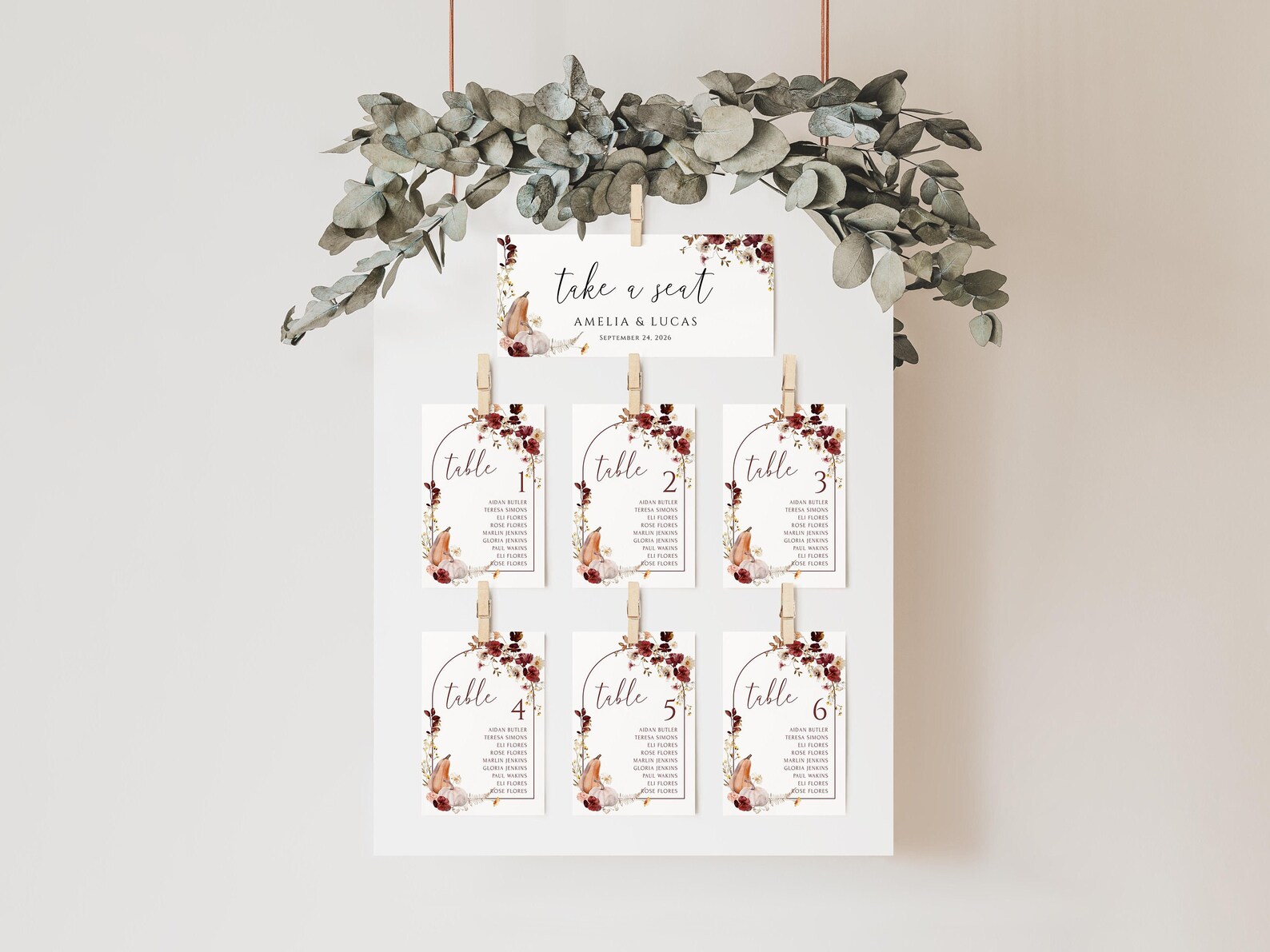 Fall Seating Chart Card Template, Terracotta Wedding Table Seat Card ...