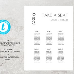 Wedding Seating Chart 6 Tables, Seating Chart for Small Wedding ...