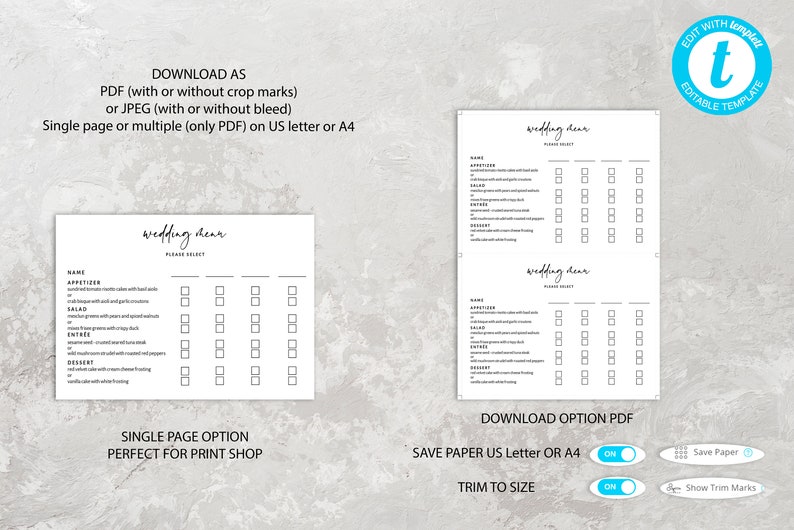 Wedding Menu Selection Card Menu Choice Card Wedding Menu - Etsy