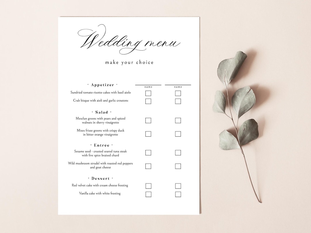 Wedding Menu Selection Card, Menu Choice Card, Wedding Menu Card ...